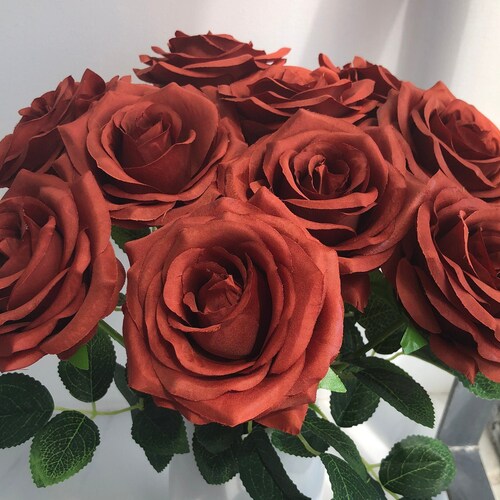 Burnt Orange Rose With Long Stems Artificial Silk Flowers | Etsy
