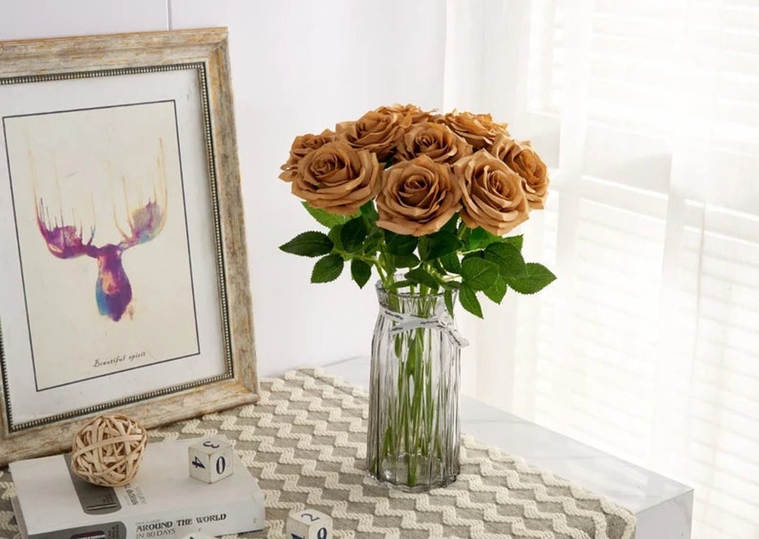 10pcs Toffee Artificial Rose Stems 9cm Brown Silk Roses Flowers Coffee ...