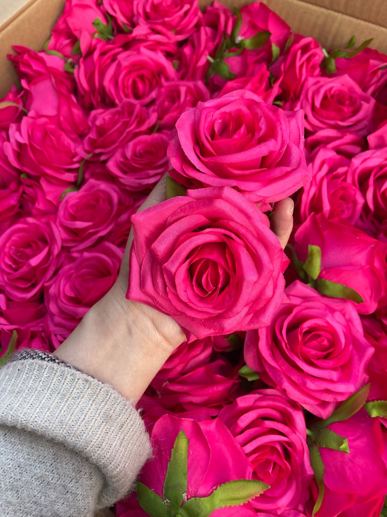 10-100pcs Hot Pink Artificial Rose Heads, 9cm High Quality Roses Head ...