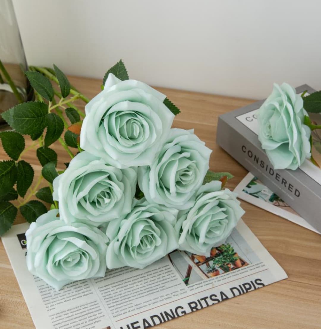 10pcs Sage Green Rose With Long Stems, Artificial Silk Flowers Green ...
