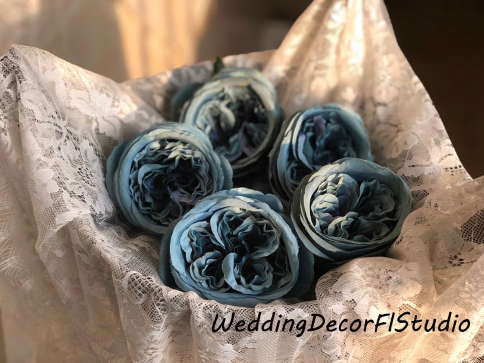 Set of 10 Large Blue English Cabbage Roses Head in High Silk Material ...