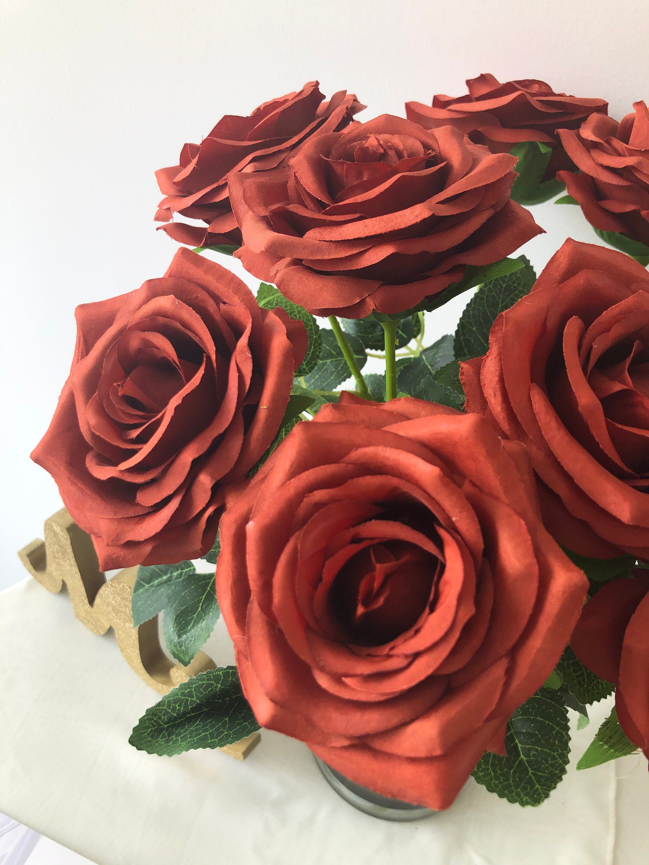 Burnt Orange Rose With Long Stems Artificial Silk Flowers | Etsy