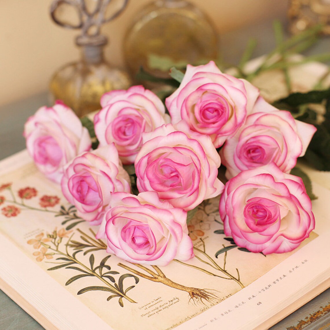 Pink With White Real Touch Roses Flowers Latex Flowers 20 Stems ...