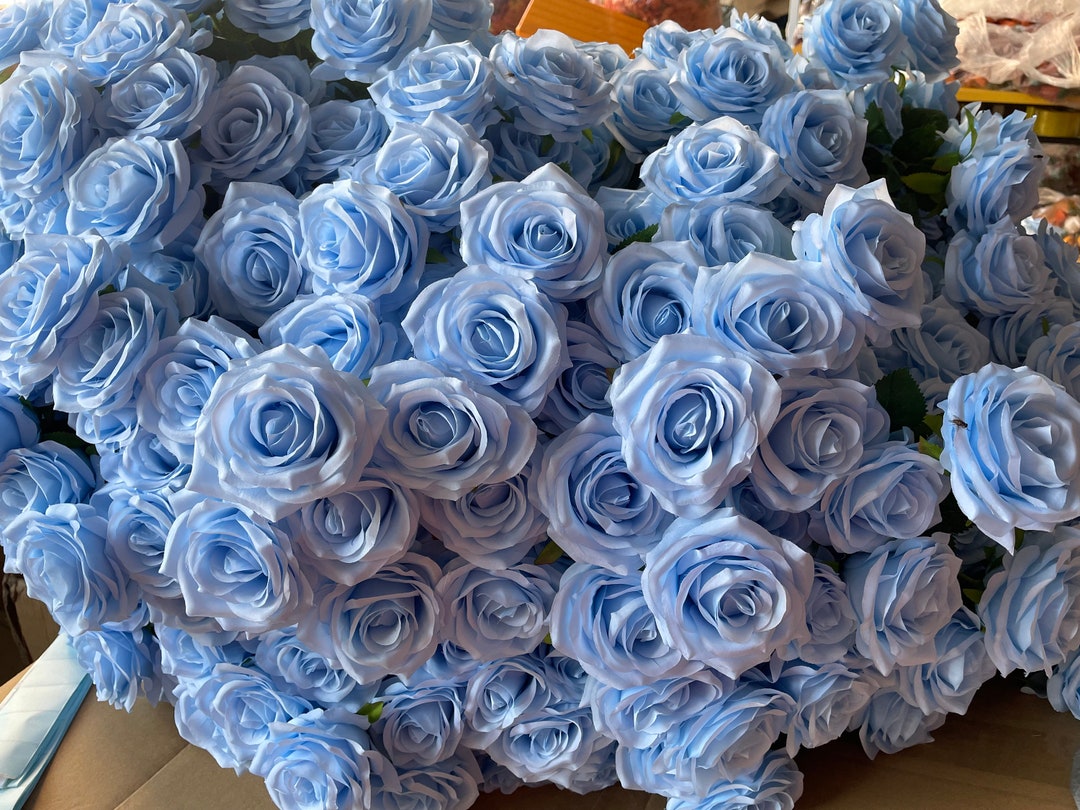 10pcs Blue Silk Rose With Long Stems Artificial Silk Rose Sky Blue Silk Flowers Roses for ...
