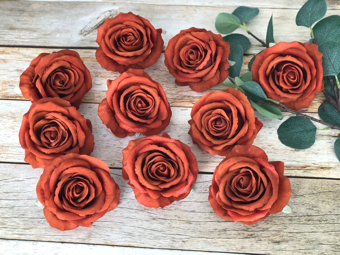 10pcs Rust Orange Rose Artificial Rose Heads, 9cm High Quality Roses ...
