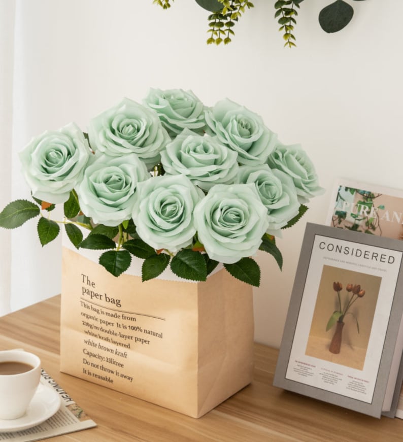 10pcs Sage Green Rose With Long Stems Artificial Silk Flowers | Etsy