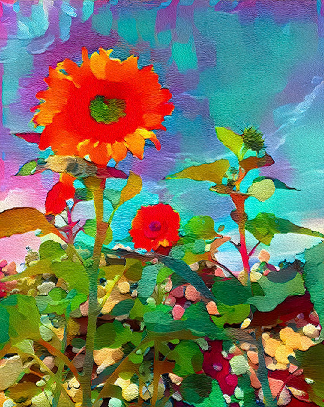 Bold Sunflowers Art Print, Field of Sunflowers, Impressionistic Floral ...