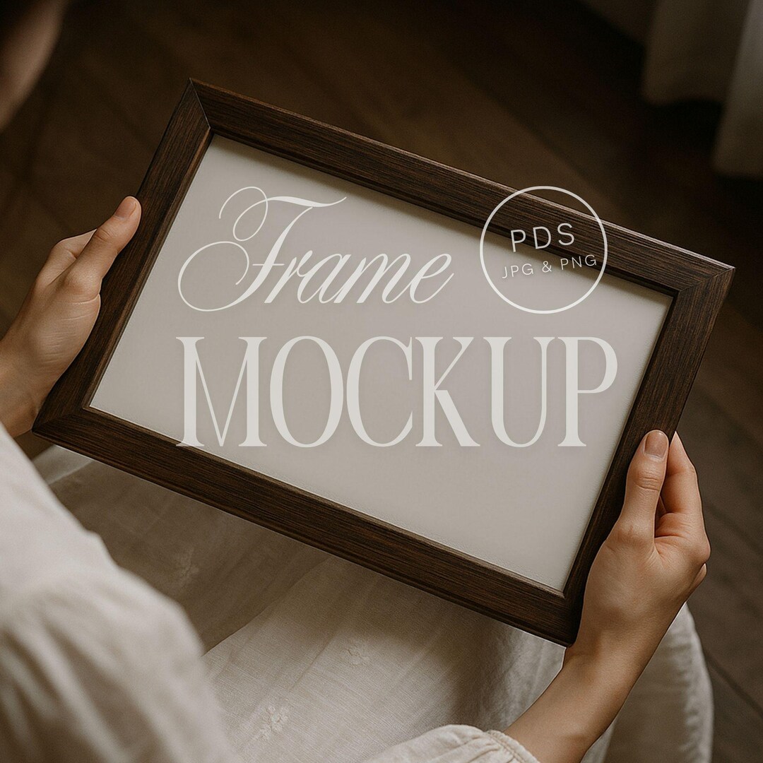 Wood Frame Mockup 16x9 Ratio Held in Hands Lifestyle Poster Mockup Dark ...