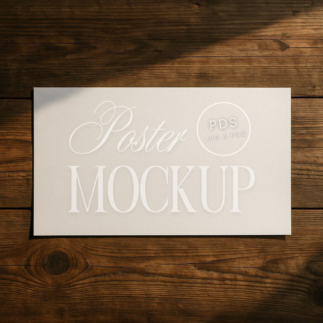 16x9 Poster Mockup Flat Lay Paper on Wooden Table Rustic Printable Art ...