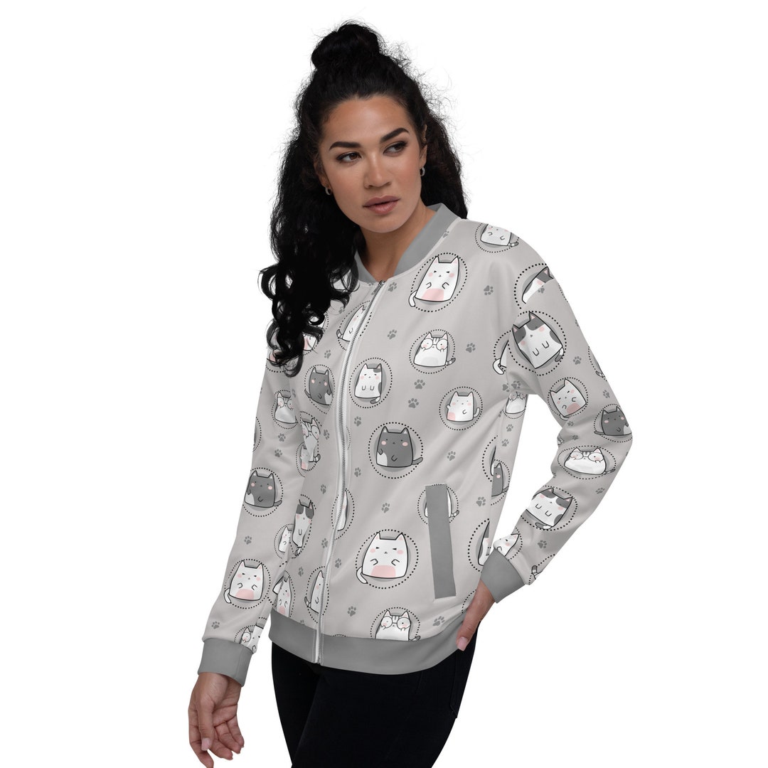 Gray Unisex Bomber Jacket With Cute Cats Design | Cat Lover Bomber ...
