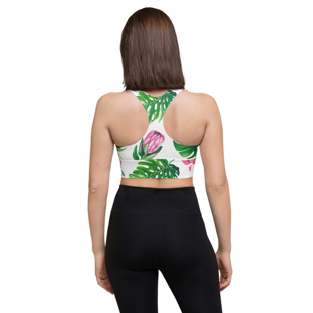 Tropical Flowers and Leaves Longline Sports Bra, Tropical All-Over ...