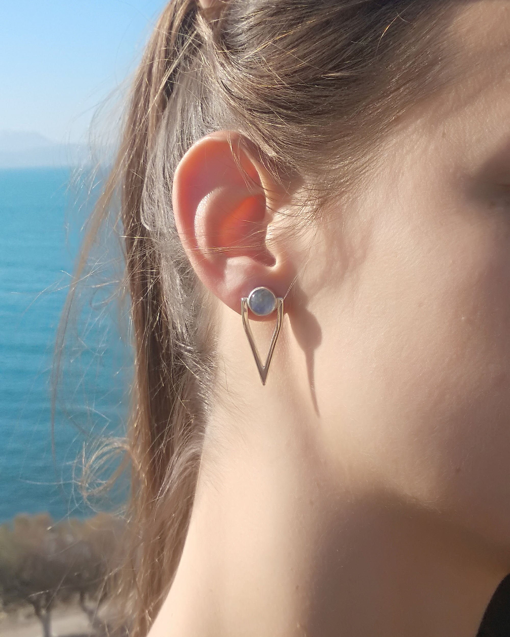 Silver Triangle Moonstone Earrings / Rainbow Moonstone Post Earrings ...