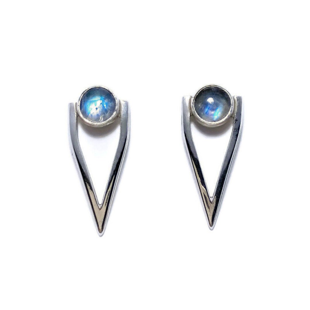 Silver Triangle Moonstone Earrings / Rainbow Moonstone Post Earrings ...
