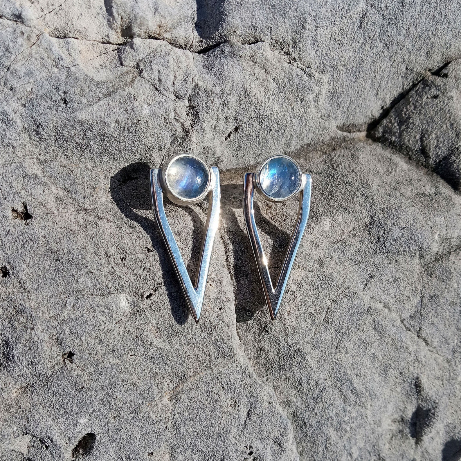 Silver Triangle Moonstone Earrings / Rainbow Moonstone Post Earrings ...