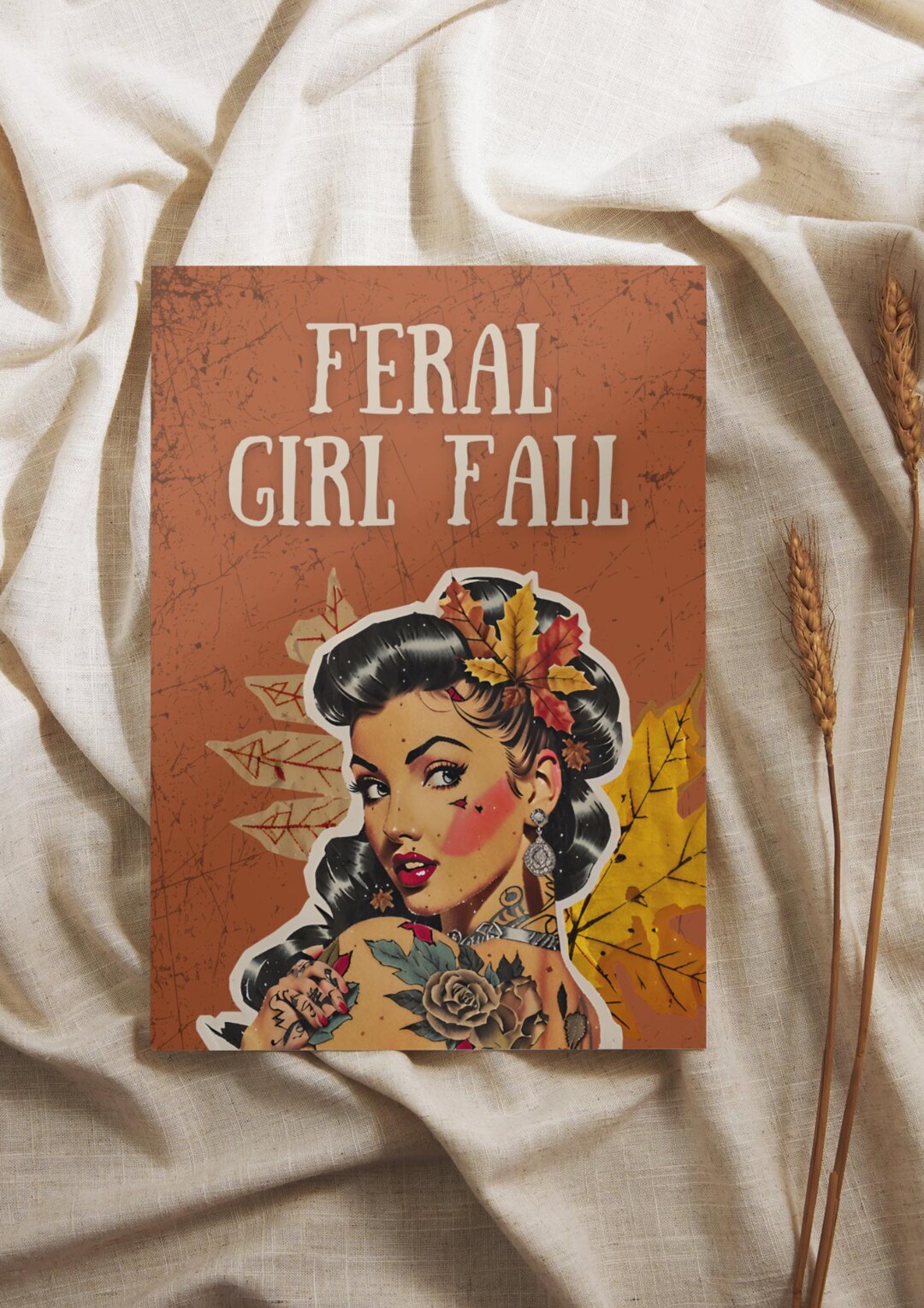 Feral Girl Fall Digital Print | Autumn Pin-up Art | Vintage Tattoo ...