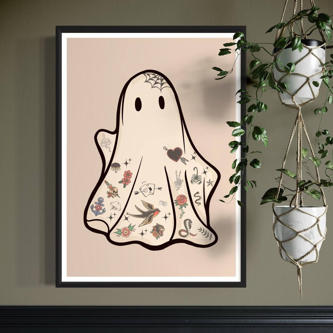 Retro Ghost Art Print With Vintage Tattoos Halloween Tattoo Flash Style ...