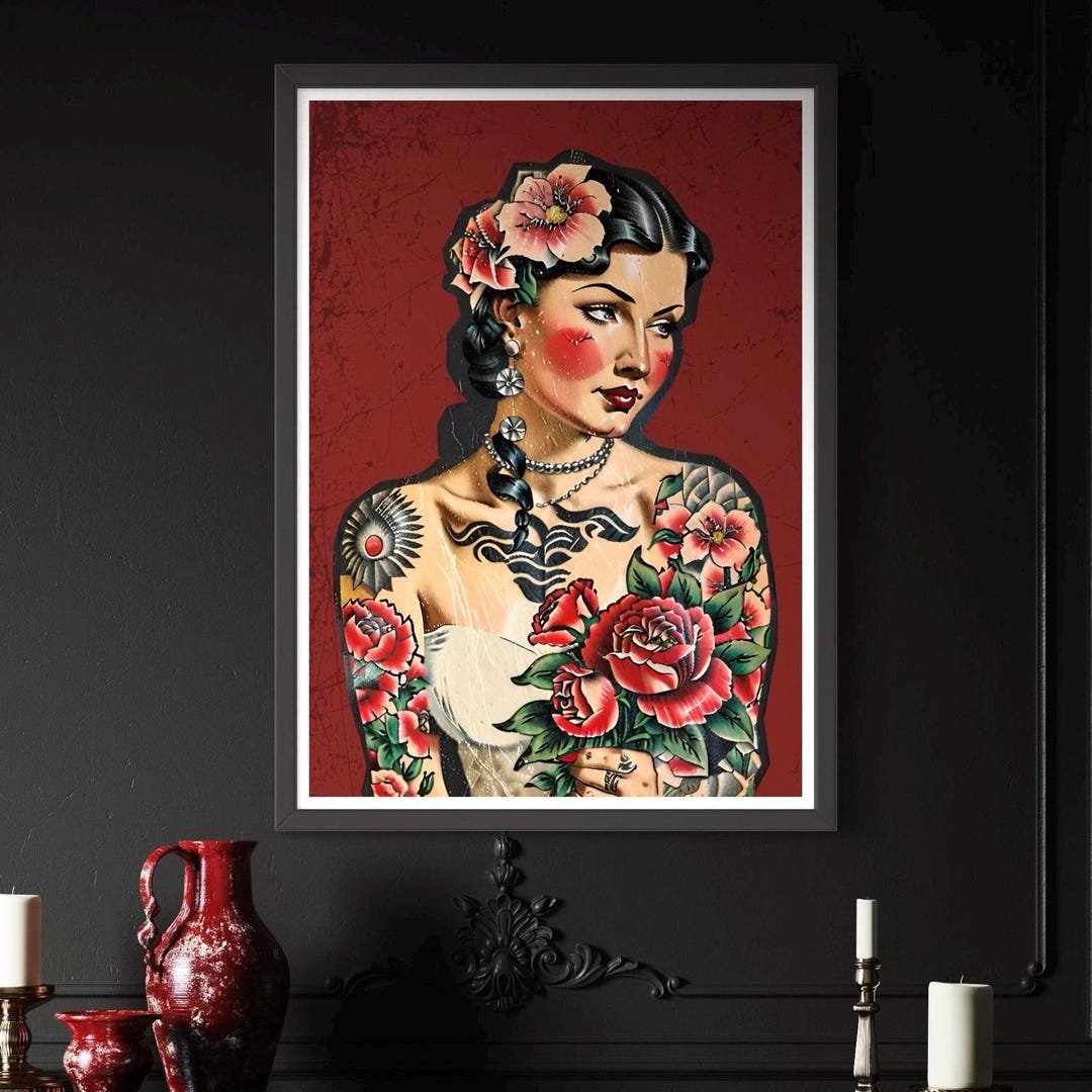 Alternative Home Decor Tattoo Print Pin up Girl Gift Idea Vintage Red ...