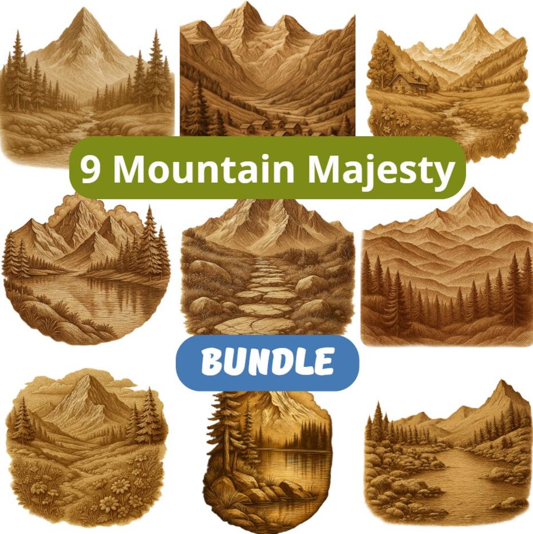 Mountain Landscape PNG Engraving Files 9 Bundle Mountain Engraving File ...