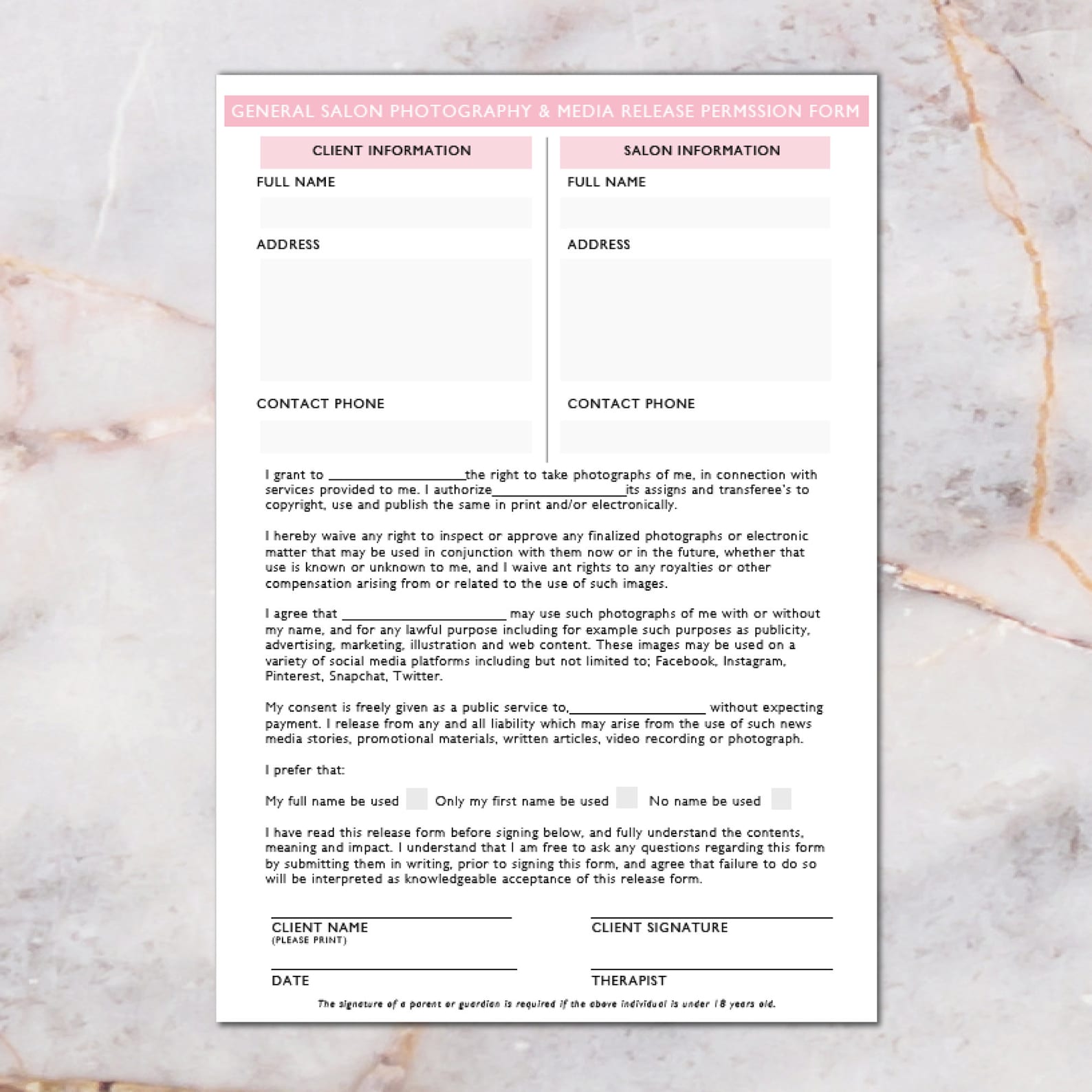 Beauty Salon GDPR / Data Protection Forms / Photography & Media ...