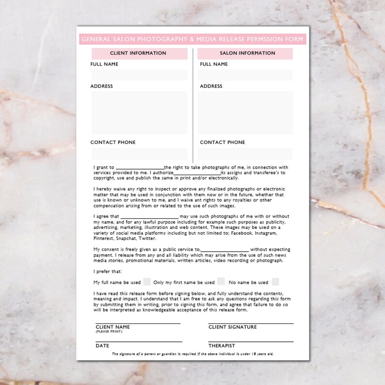 Beauty Salon GDPR / Data Protection Forms / Photography & Media ...