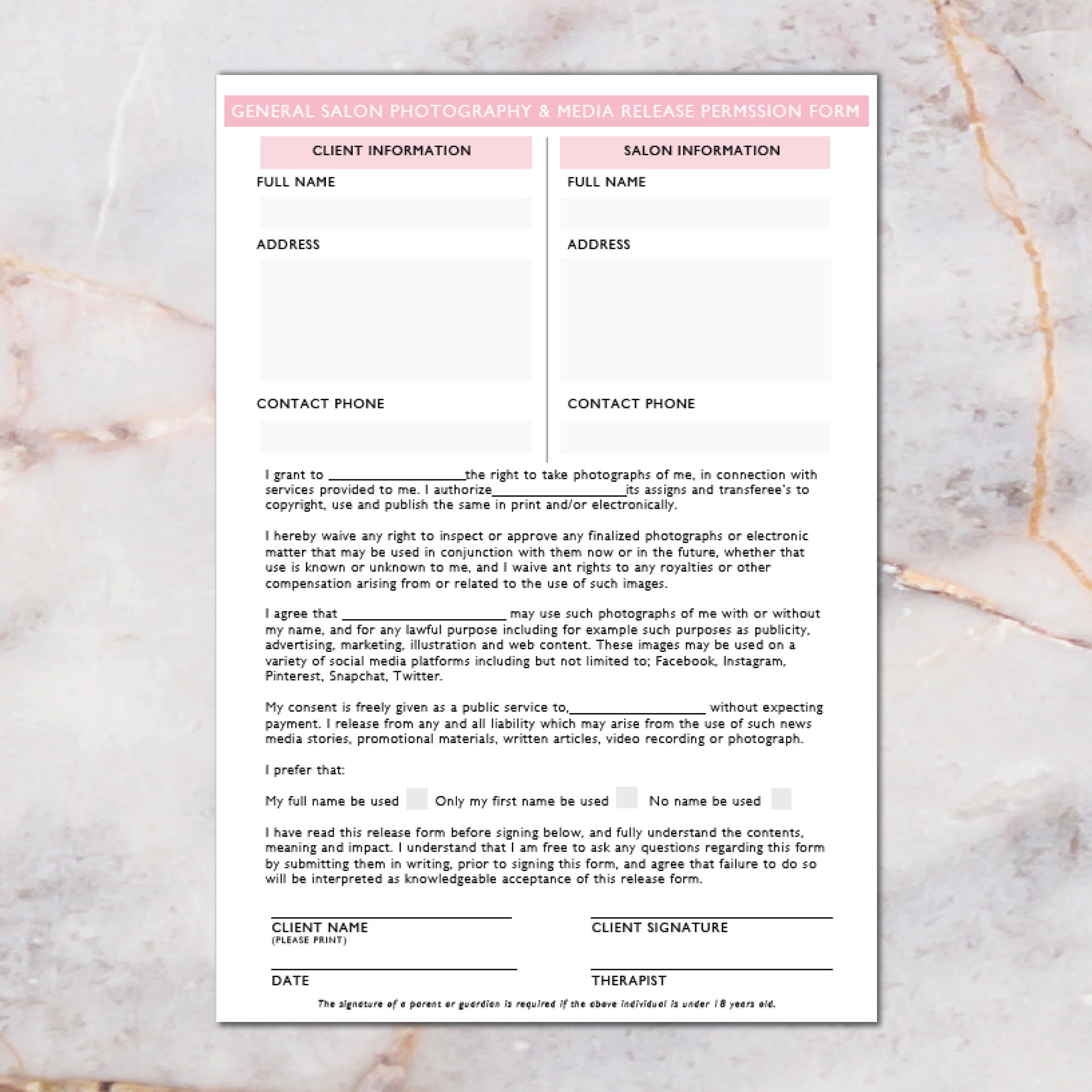 Beauty Salon GDPR / Data Protection Forms / Photography & Media ...
