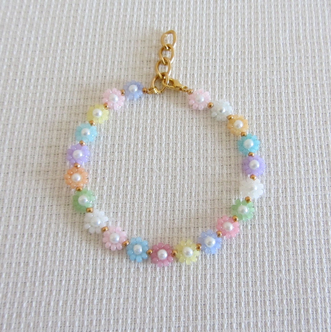 Colorful Beaded Daisy Chain Bracelet, Seed Beads Bracelet, Flower Daisy ...