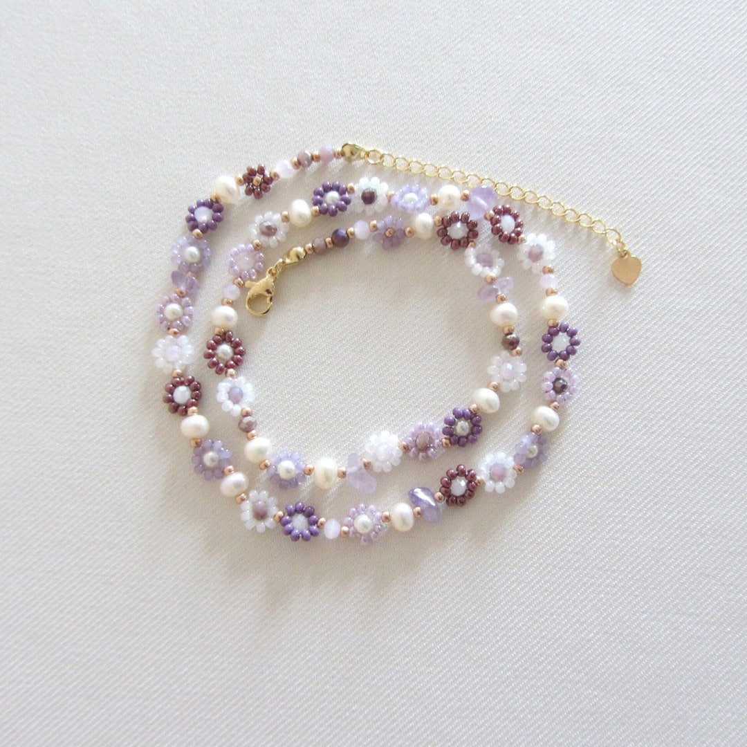 Purple Beaded Flower Necklace, Pearl Daisy Necklace, Gold Filled Beaded ...