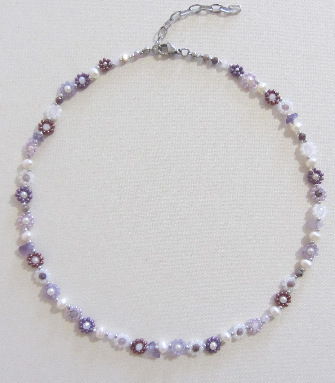 Purple Beaded Flower Necklace, Pearl Daisy Necklace, Gold Filled Beaded ...