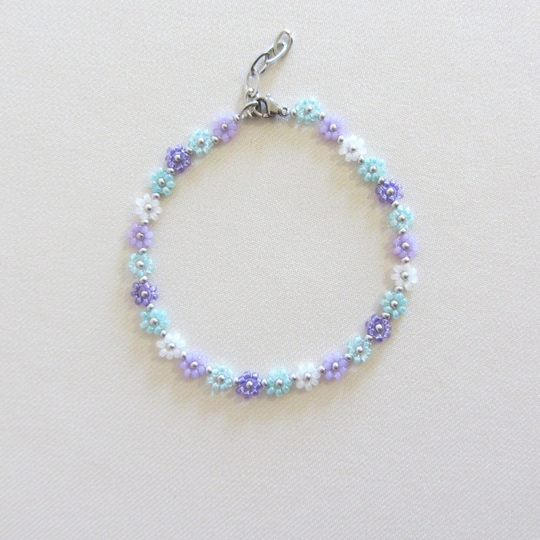 Daisy Chain Bracelet, Flower Bead Bracelet, Purple Green Bracelet ...