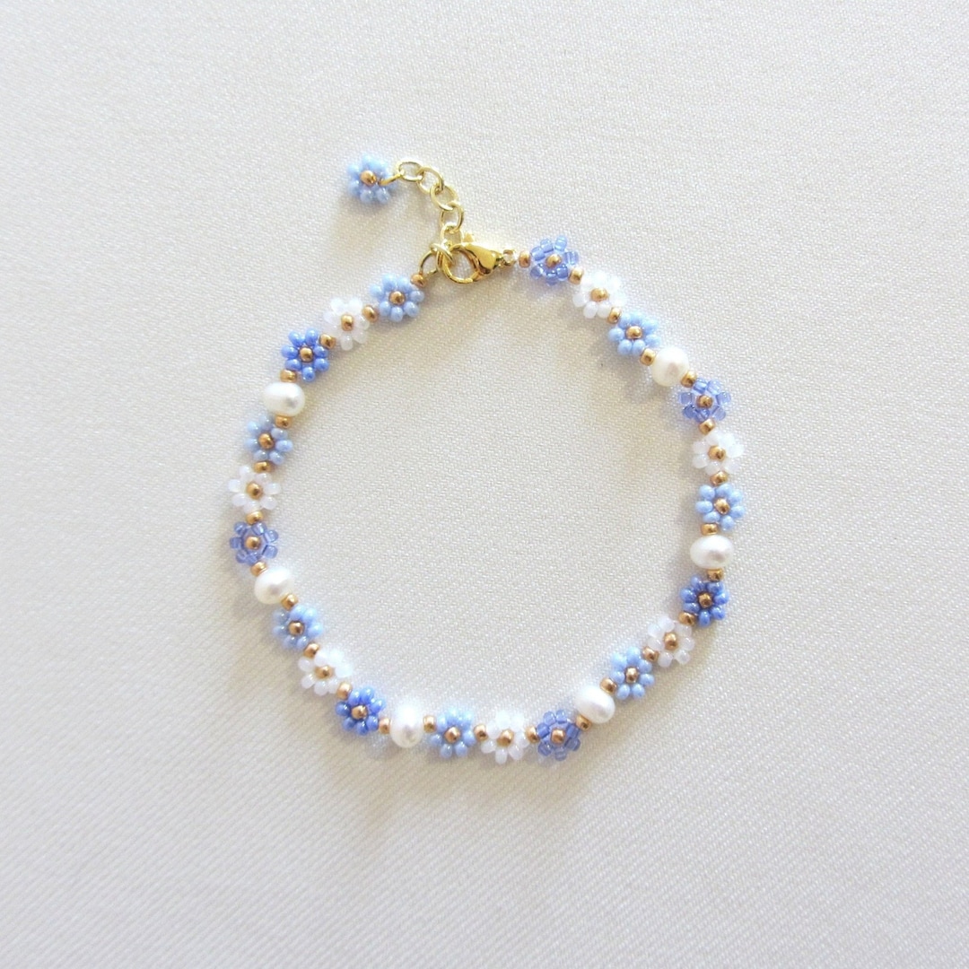 Blue Flower Bracelet With Pearls Daisy Flower Bracelet for Women ...