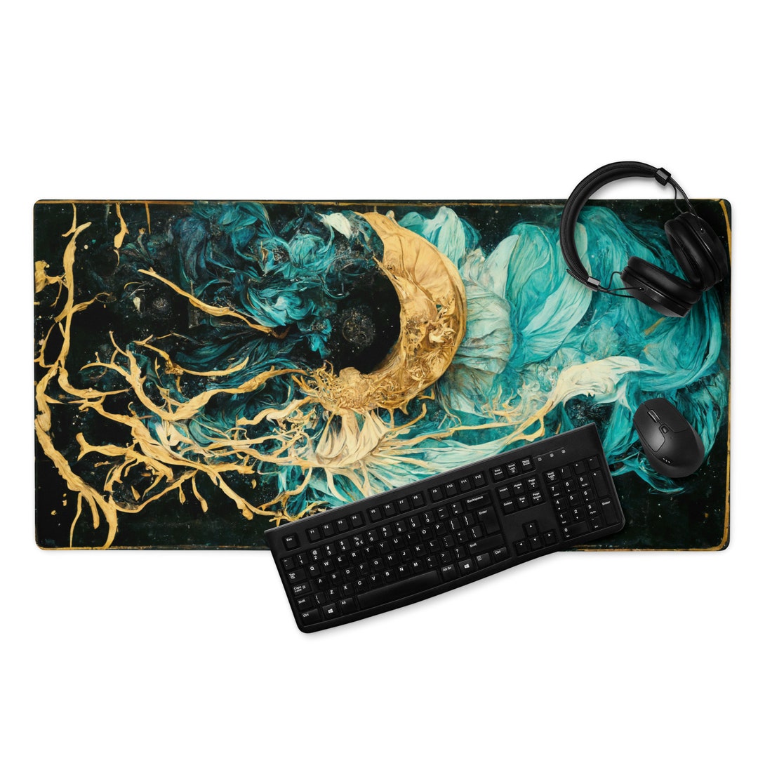 Tarot Card Mouse Pad: Golden Moons, Teal Splash, Mystic Desk Mat - Etsy