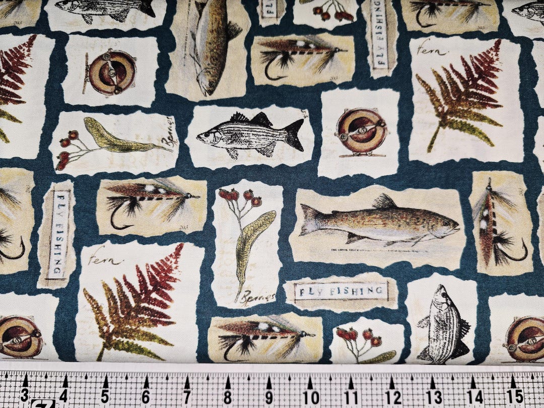 MDG Fabrics Fly Fishing on Teal Fabric by the Yard//piece - Etsy