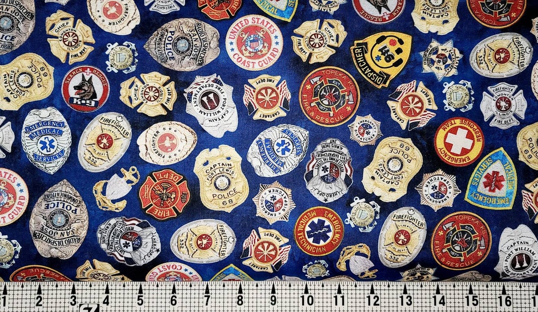 Hoffman Fabric First Responders Badges on Navy U5143 Fabric by the Yard ...