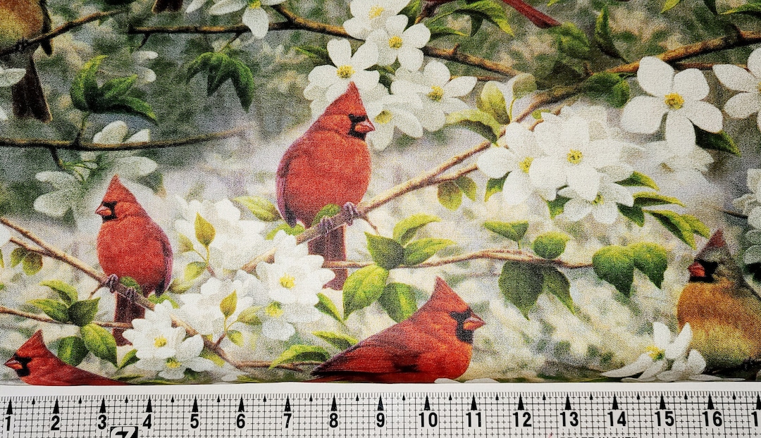 David Textiles Red Cardinals in Apple Orchard Scenic Allover AS-0096-2C ...