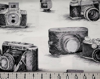 Vintage Cameras Fabric Vintage Cameras Black and White Hand Drawn by ...