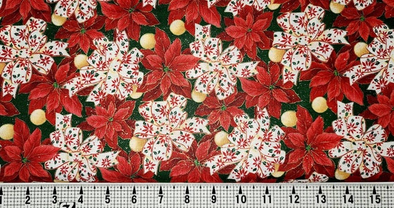 Christmas Poinsettias With Bows Fabric by the Yard/piece | Etsy