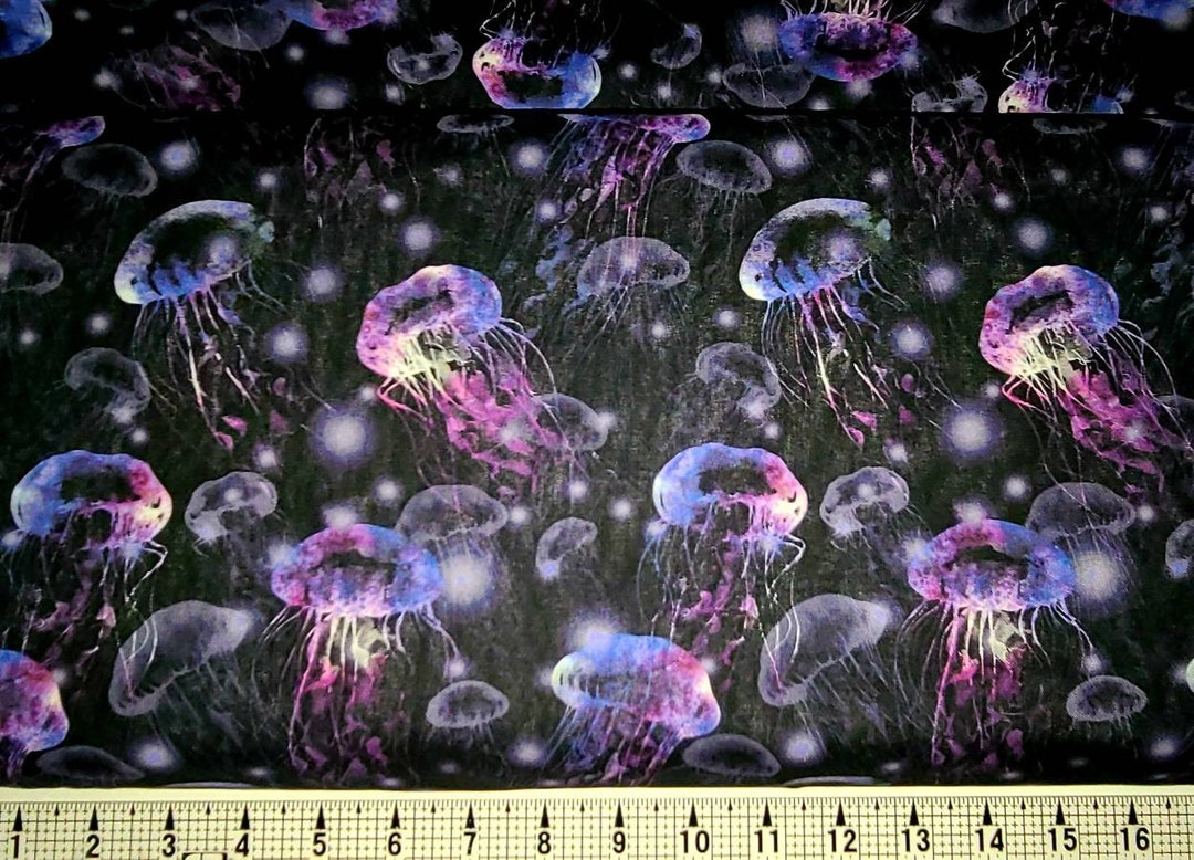 Jellyfish on Navy Fabric by the Yard//piece - Etsy