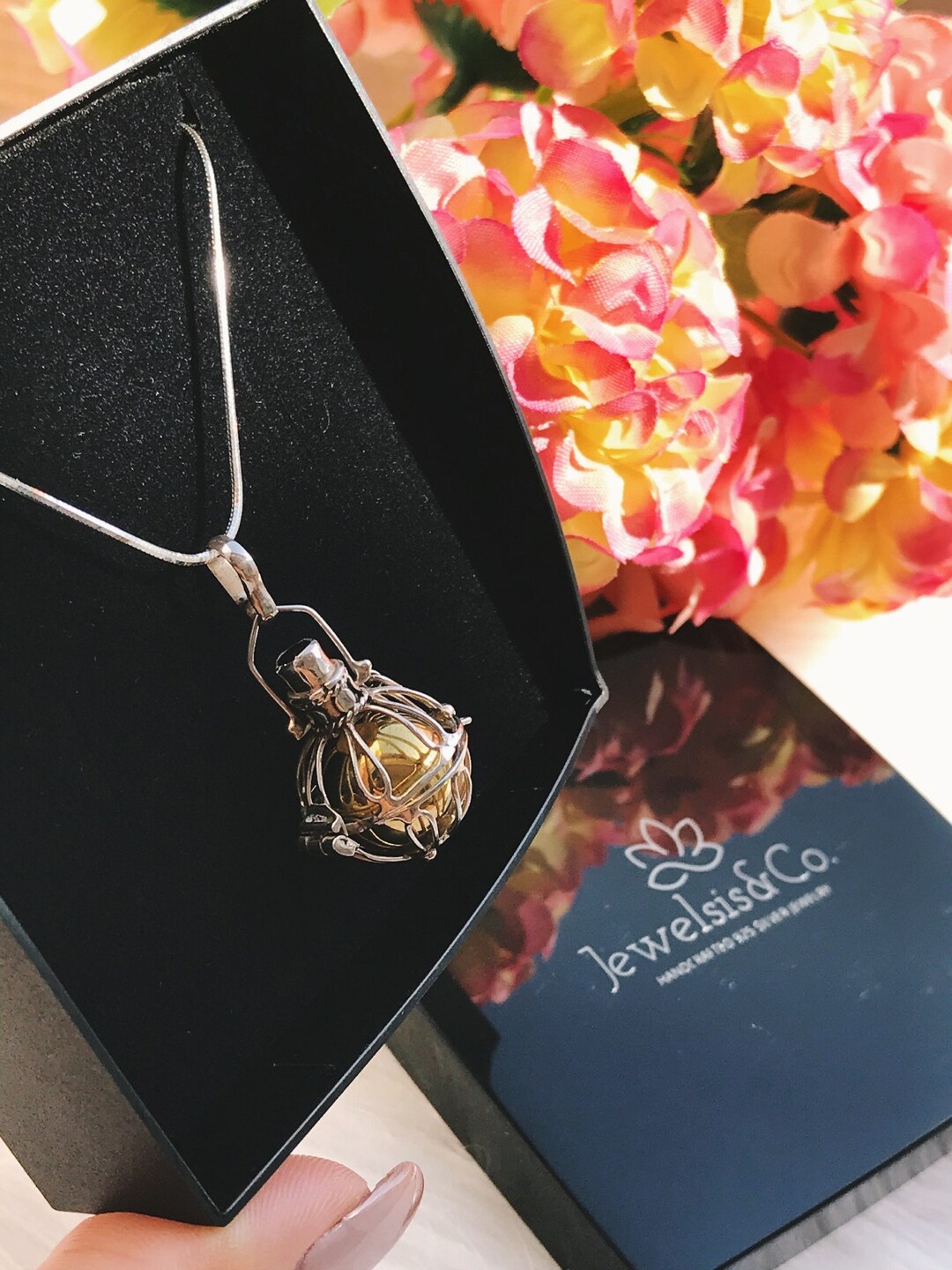 Silver Dream Ball Necklace Garnet Gemstone, Soft Audible Chimes Bola ...