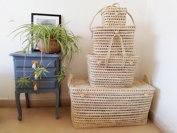 Kids toy boxes x 4 made of palm leaf and reed storage chest lidded storage basket Storage trunk wicker toy chest kids toys storage Etsy
