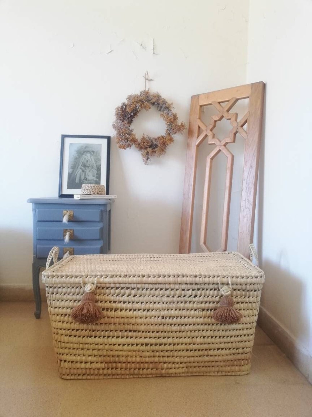 Large Wicker Toy Chest 31 Inches With Camel Wool Pompoms Palm Leaf ...