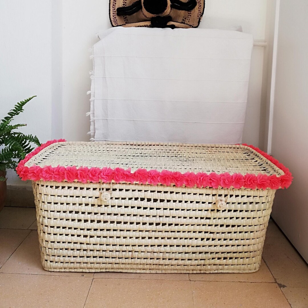 Extra Large Wicker Toy Box With Flowers | Wicker Storage Trunk for Kids ...