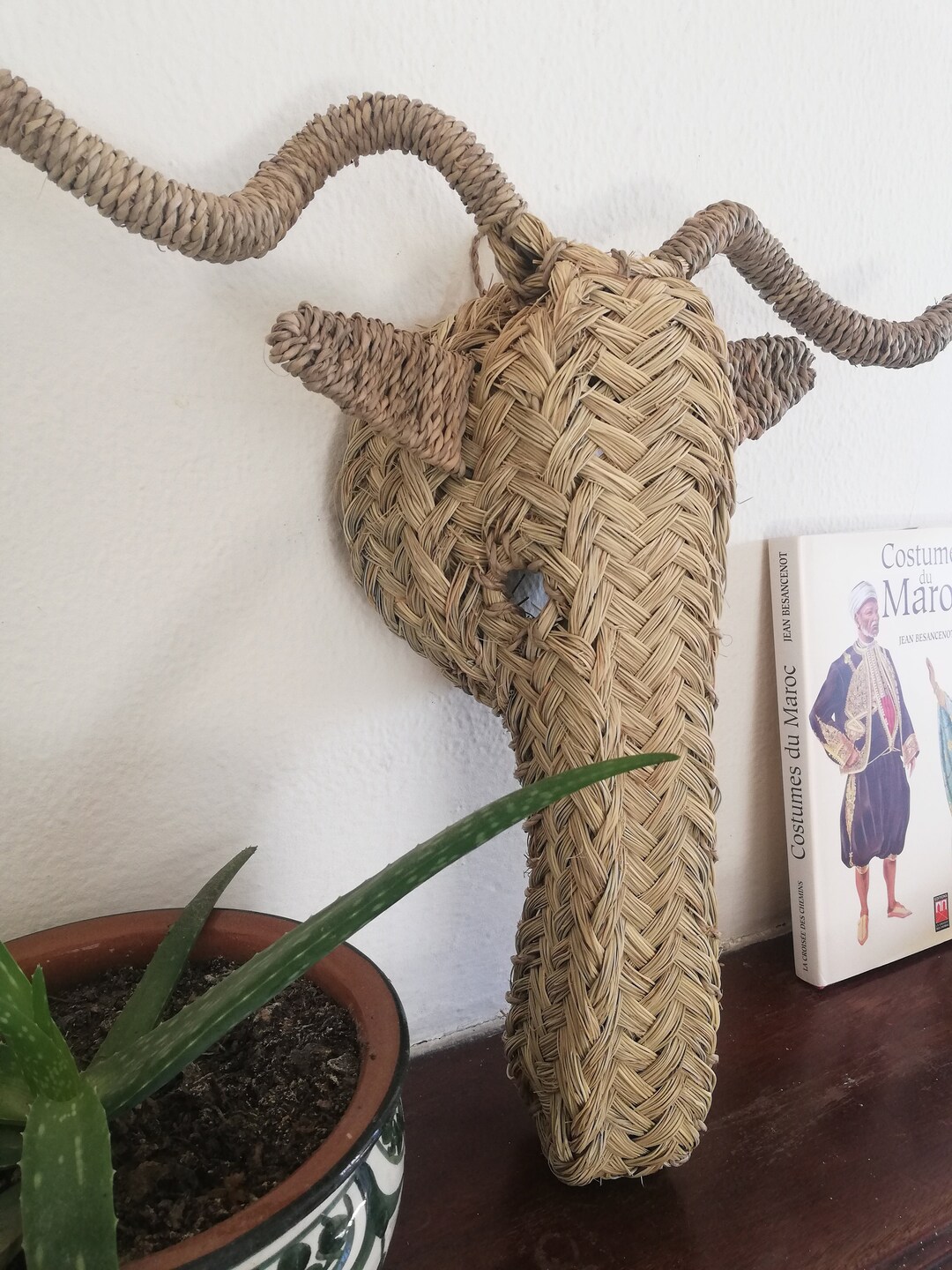Faux Trophy Goat Head Wall Decor – Boho Esparto Grass Animal Head ...