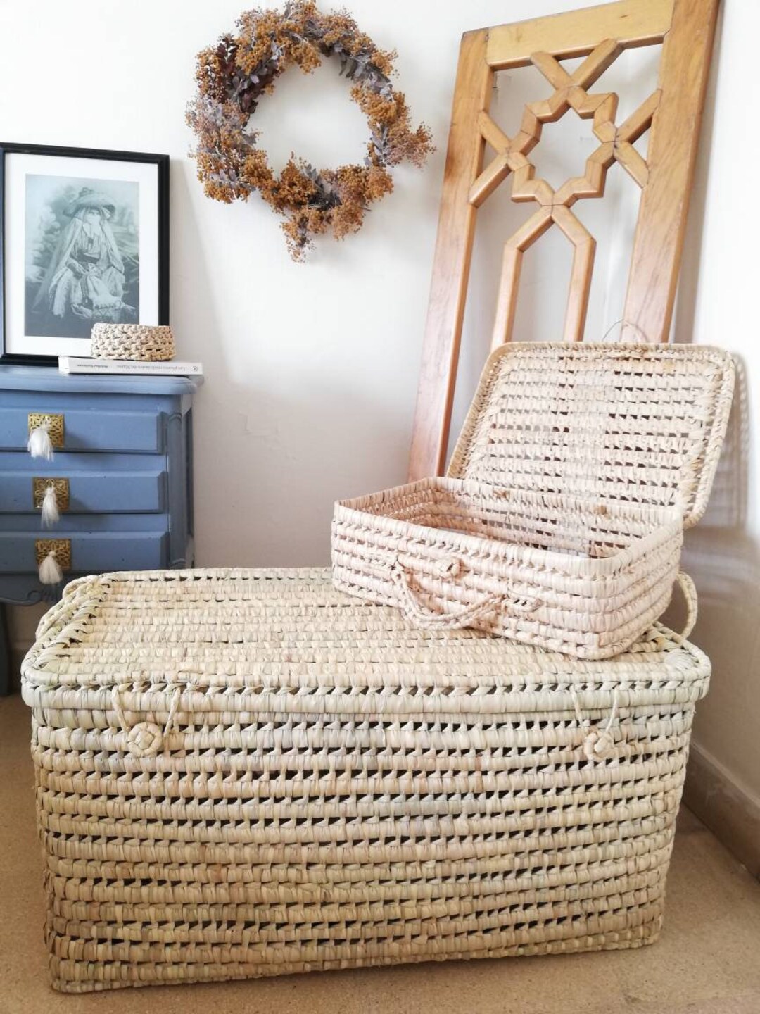 Set of Wicker Toy Chest and Little Suitcase - Woven Straw Suitcase ...