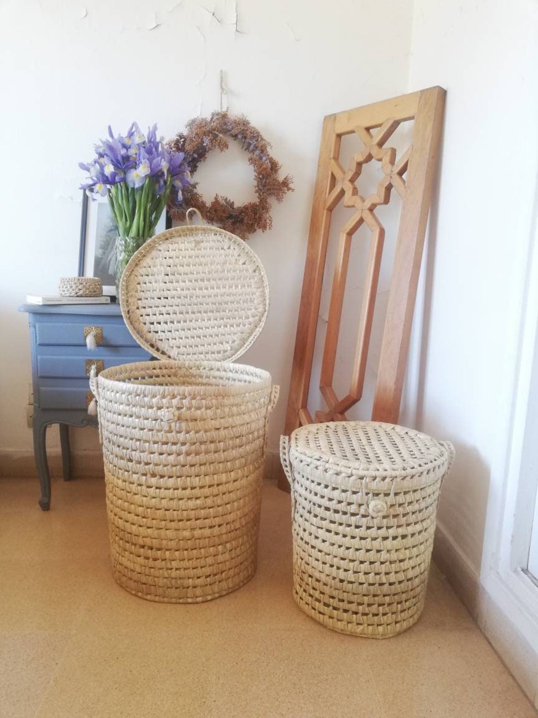 Laundry Baskets X2 With Lid Made From Palm Leaves and Reed - Wicker ...