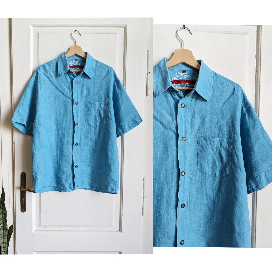 Blue Linen Shirt Short Sleeve Signum - Etsy