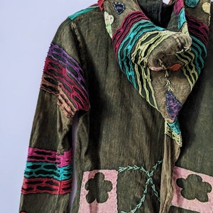 Merlin Multicolor Patchwork Hoodie Flowers Applique Hippie Floral Nepal ...