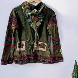 Merlin Multicolor Patchwork Hoodie Flowers Applique Hippie Floral Nepal ...