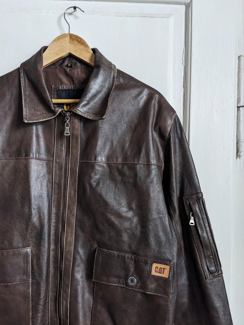 Vintage CAT Leather Bomber Jacket – 90s Caterpillar Workwear – Brown ...