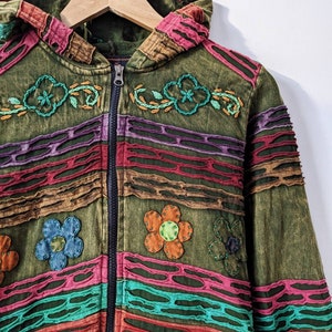 Merlin Multicolor Patchwork Hoodie Flowers Applique Hippie Floral Nepal ...
