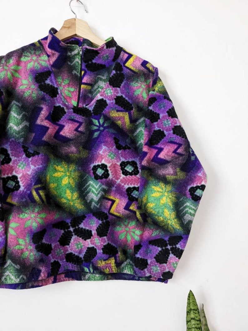 Vintage 90s Abstract Fleece Jacket | Purple Green Quarter Zip ...